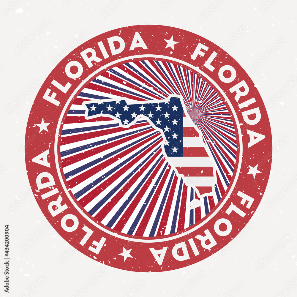 Florida round stamp. Logo of us state with flag. Vintage badge with circular text and stars ...