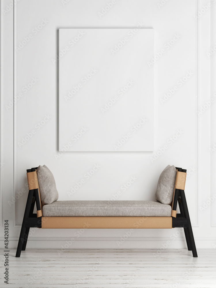 Mockup poster with storage bench in minimal interior design, 3d render ...