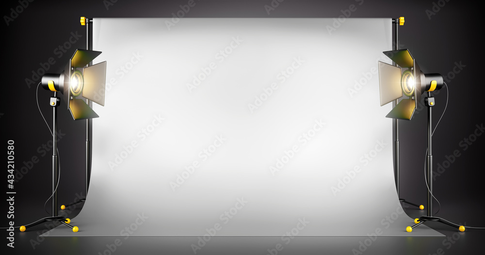 White background TV studio with spotlights on stands for a movie and tv ...