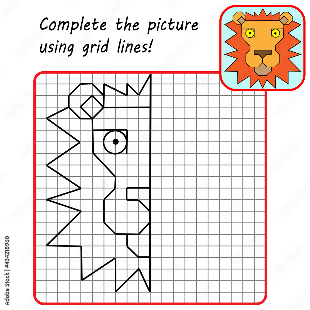 Educational game for kids. Simple exercise Lion. Drawing using grid ...