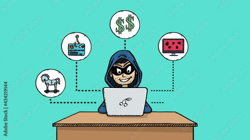 Cartoon style animation of hacker working on his laptop, surrounded by ...