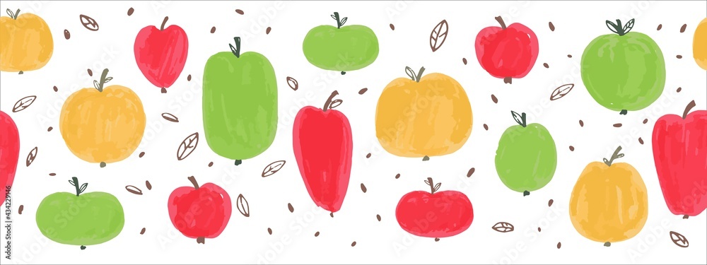 Seamless border with hand-drawn colored apples. Sketch. Hand-drawn ...