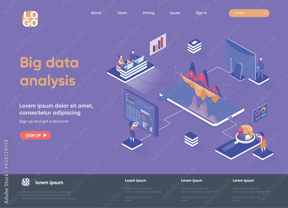 Big Data Analysis Isometric Landing Page Analytics And Business Intelligence Isometry Concept