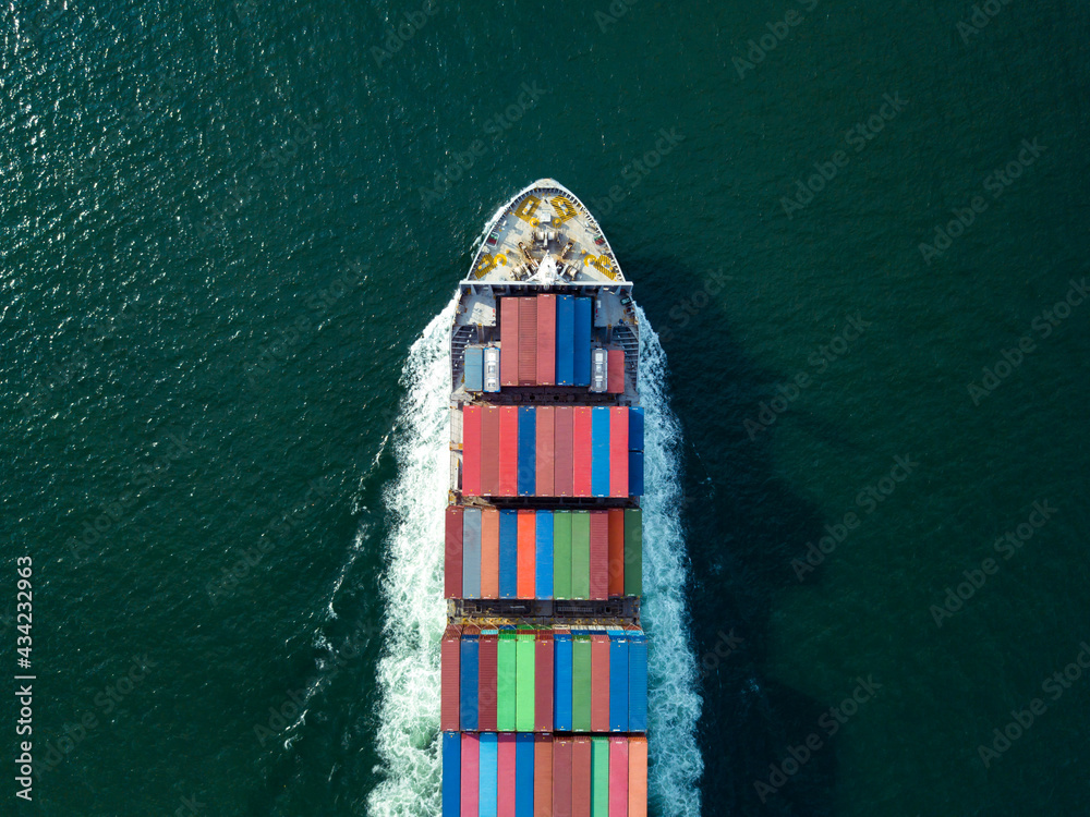 Aerial top view from drone, Cargo vessel sail to the sea with peaceful ...