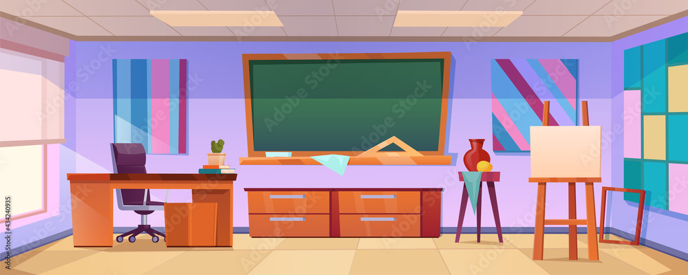 Art classroom with easel, chalkboard, paintings on wall and teacher ...
