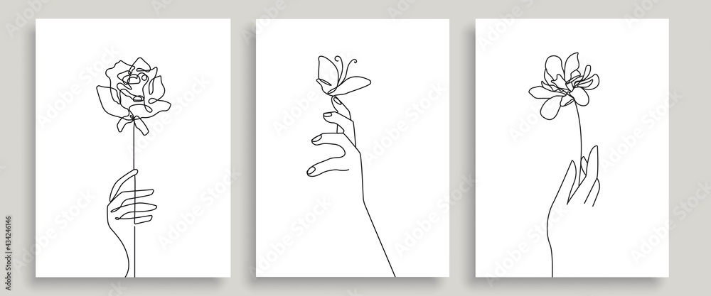 Hands with Flower One Line Drawing. Continuous Line of Simple Flower ...