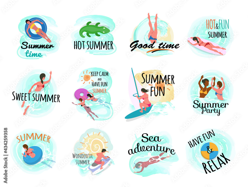 Set of summer fun and activities emblem design, people man and woman in ...