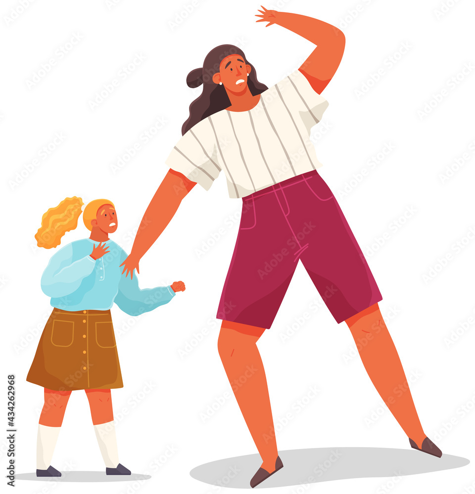 Woman with scared expression and her hand in defenses position. Mom ...