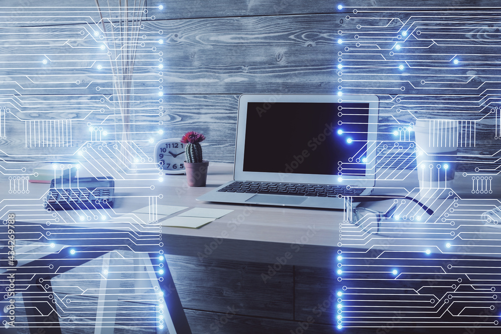 Double exposure of tech theme drawings and office interior background ...