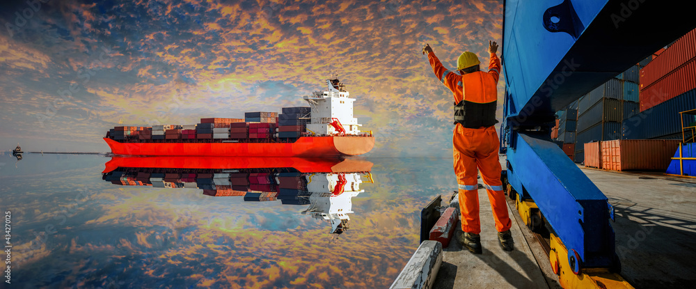 The ship vessel of container services departure sailing from the sea ...