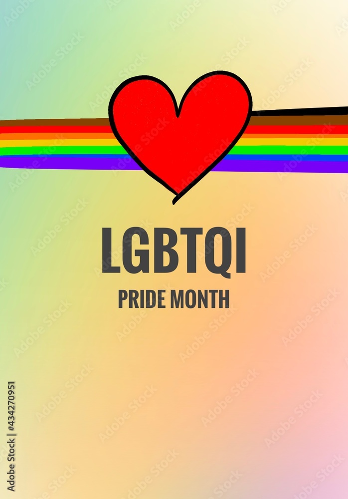 Drawing red heart on rainbow flag with texts 'LGBTQI PRIDE MONTH ...