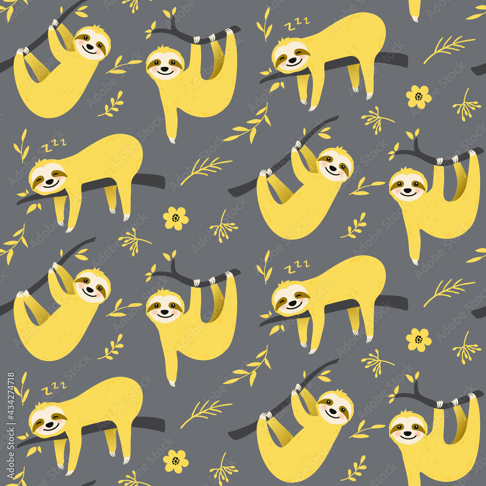 Cute sloth seamless pattern design in yellow and gray. Hand drawn sloth ...