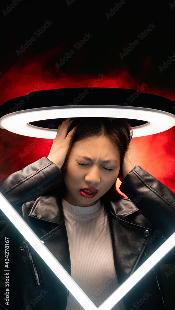 Emotional burnout. Cyberpunk girl. Nervous breakdown. Art portrait of ...