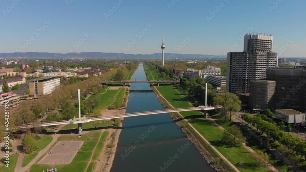 Top view of the embankment of the Neckar River. Bridges, TV tower ...
