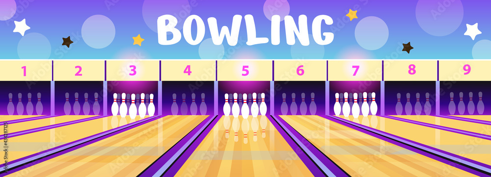Bowling club interior with bowling alleys and pins in cartoon style ...