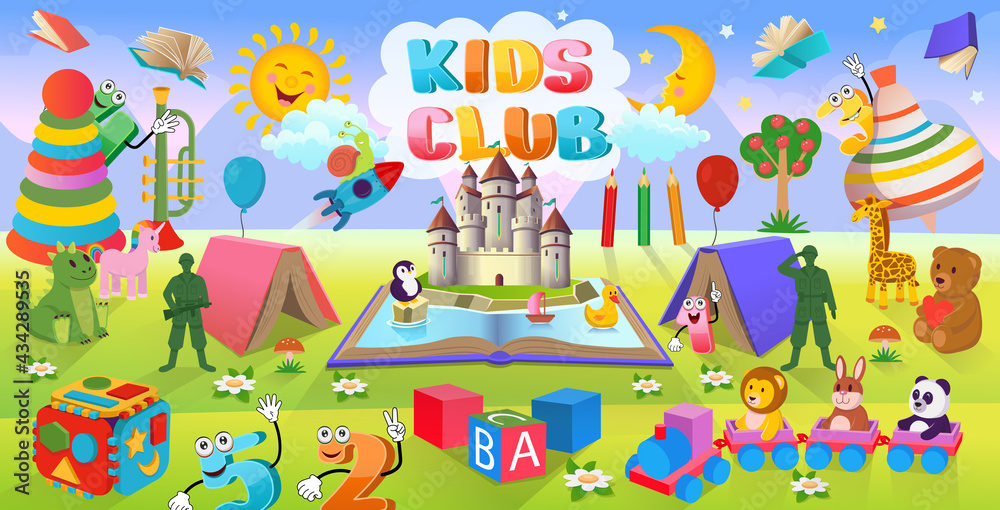 Landscape with islands, mountains. Cartoon background with lots of toys ...