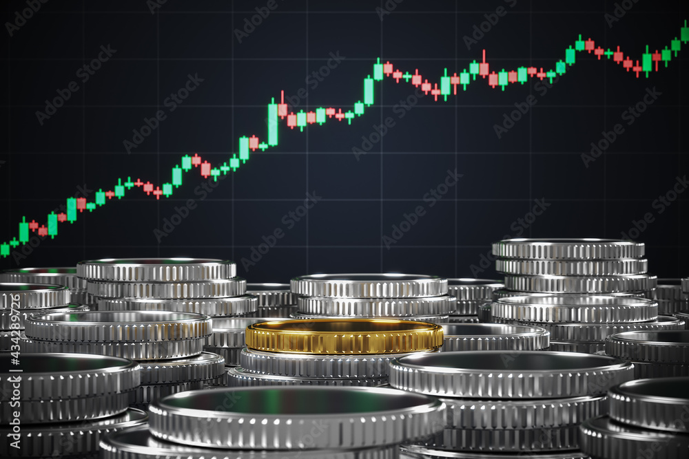 Gold coins on those silver coins in front of the candlestick chart ...