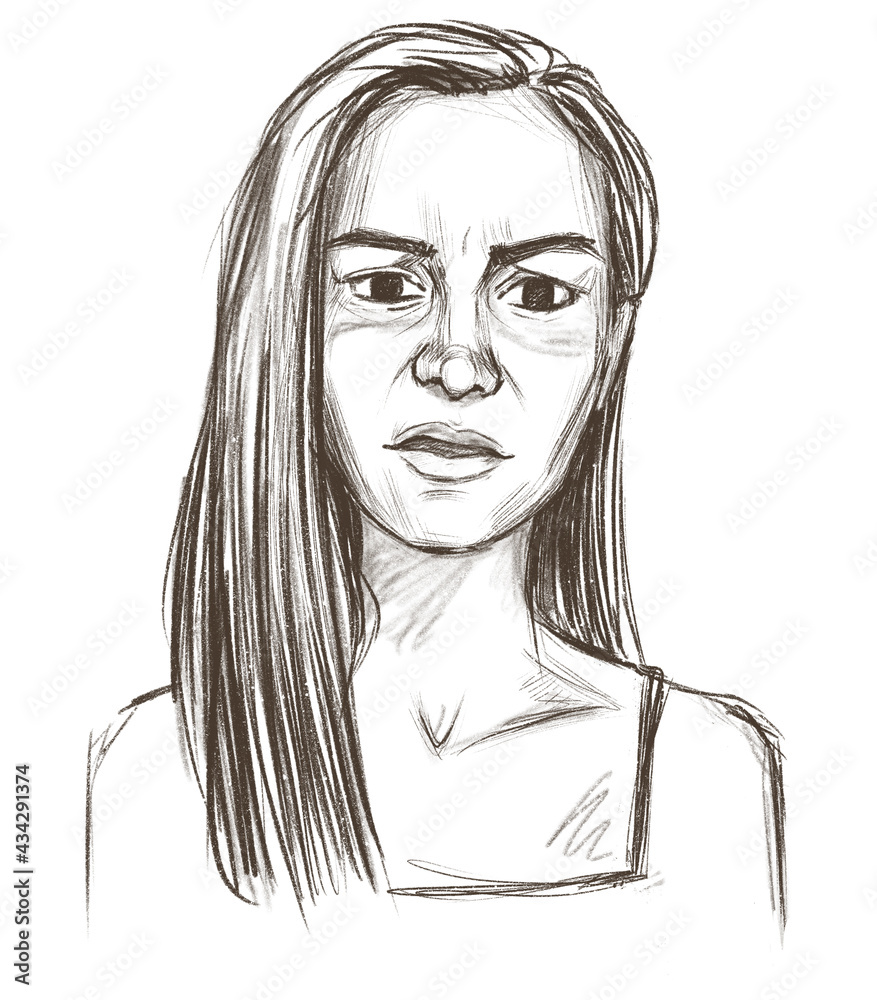 girl with a squeamish expression on her face. Black and white sketch ...
