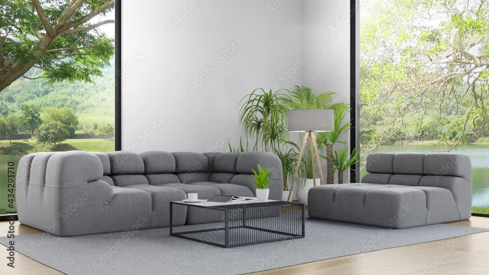 Sofa on wooden floor of large living room in modern house or luxury ...