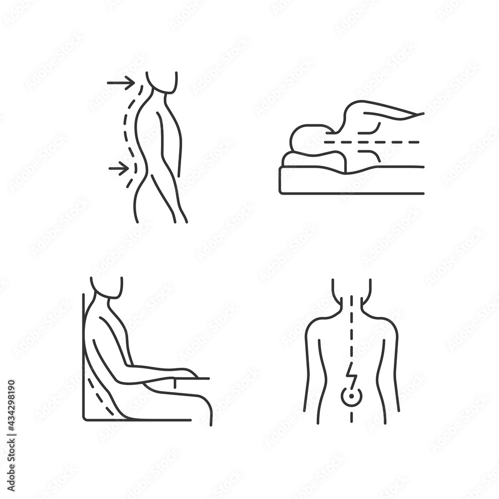 Postural dysfunction linear icons set. Lumbar lordosis. Side-lying ...