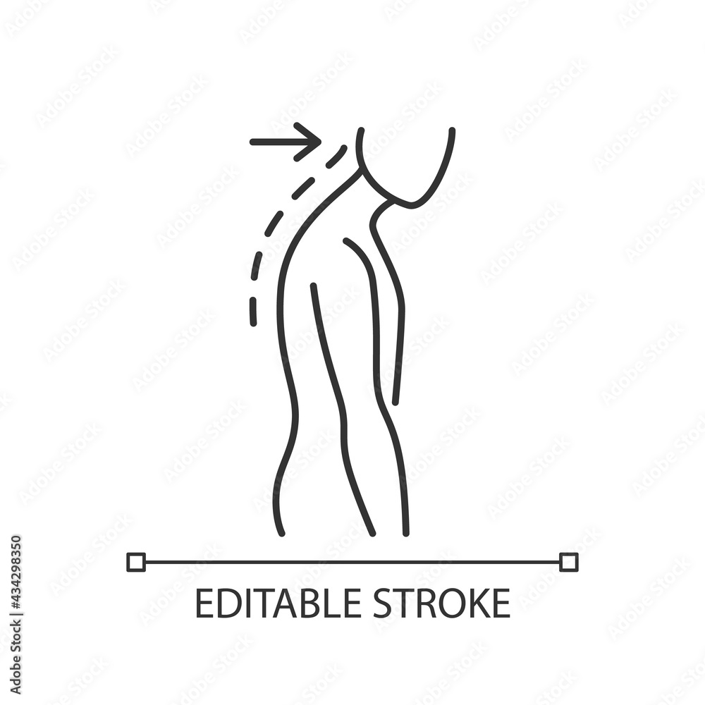 Slouching linear icon. Poor posture. Forward head. Body looking down ...