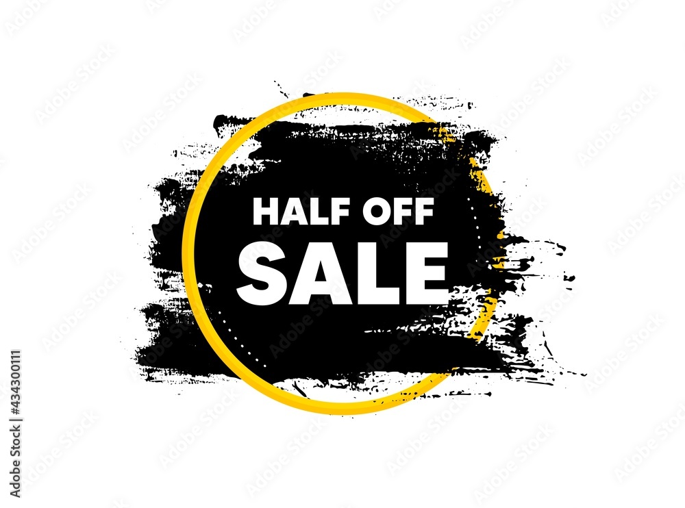 Half off sale. Paint brush stroke in circle frame. Special offer price ...