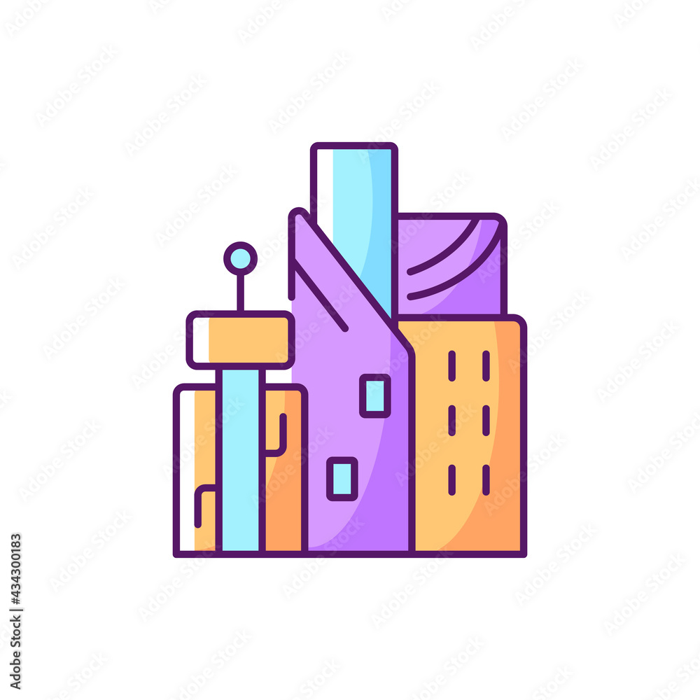 Cyberpunk city RGB color icon. Skyscrapers of business centers. High ...