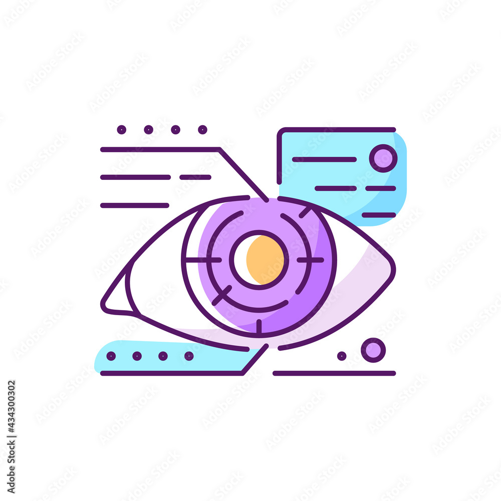 Lens microcircuit RGB color icon. Android, cyborg eye with specs info ...