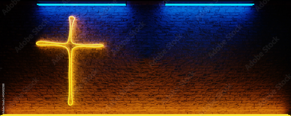 Neon light background. Neon sign of cross with brick background. Happy ...