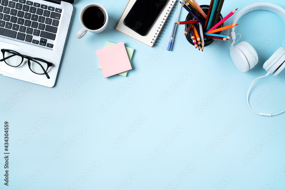 Online learning design concept. Top view of student table with computer ...