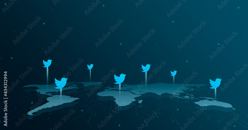 Foto de Twitter logo icons over all continents of the world map 3d do ...