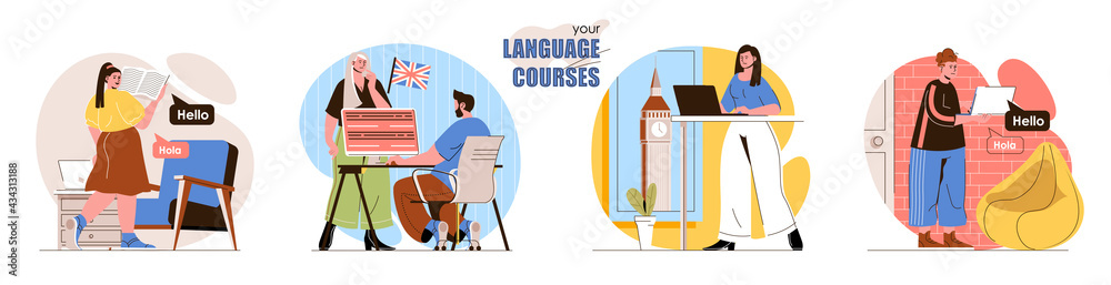 Your Language Course concept scenes set. Students learn English in ...