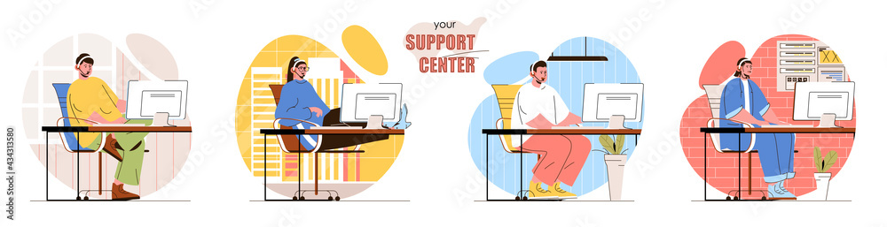 Vetor de Your Support Center concept scenes set. Helpdesk operators in ...