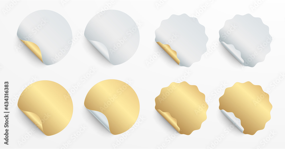 Realistic set white and gold stickers or patches mockup. Blank labels ...