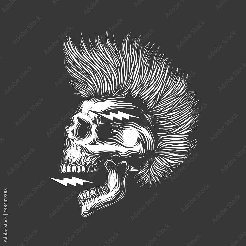 Original monochrome vector illustration. A skull with an open mouth and ...
