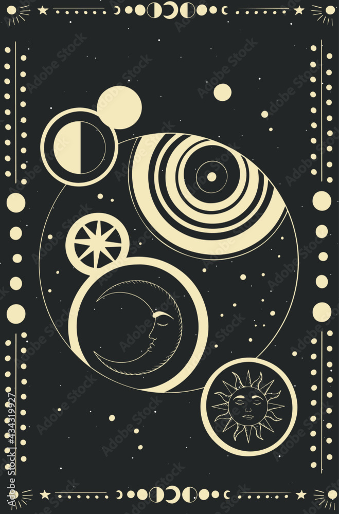 vector illustration, crystals and the solar system, moon phases ...