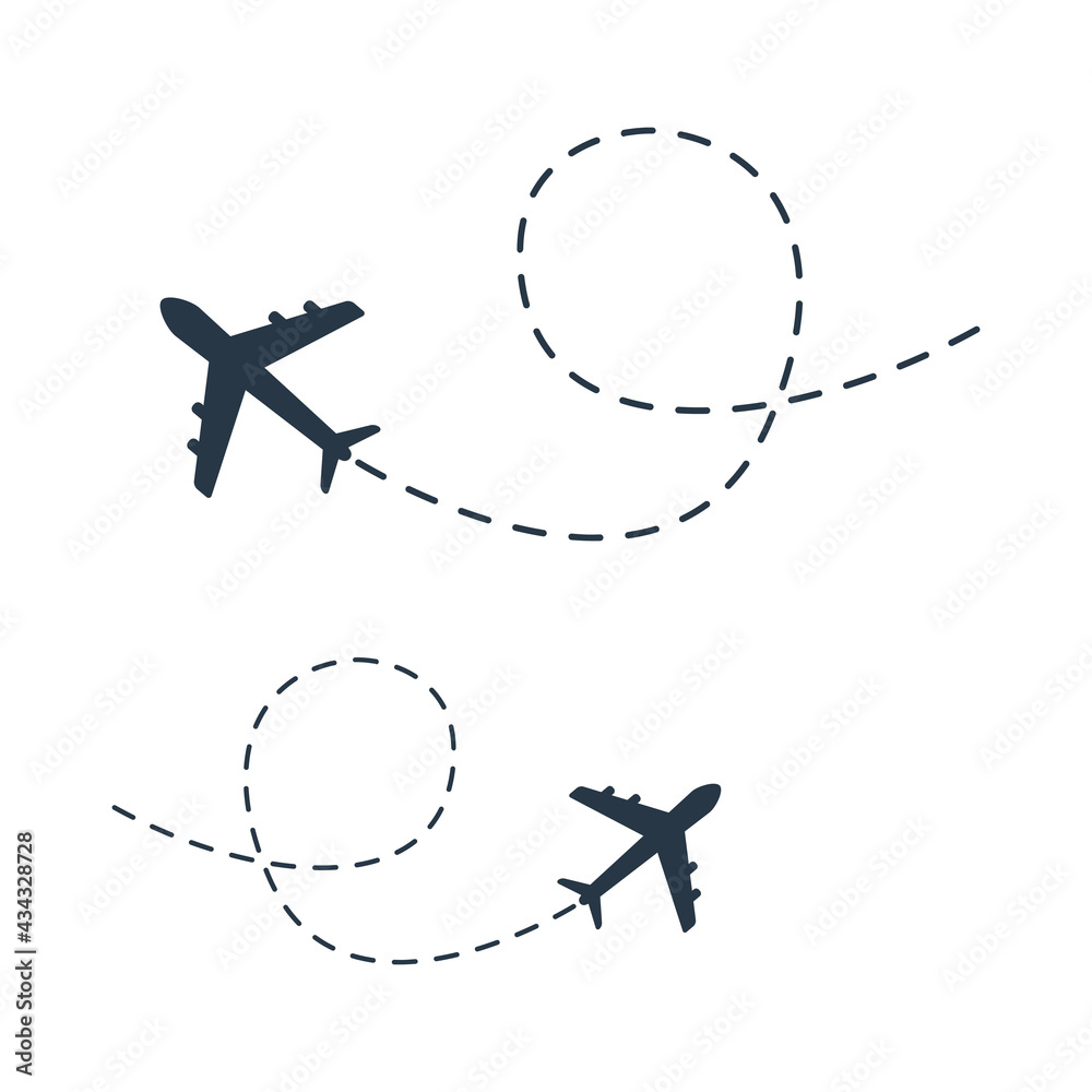 Airplane line path icon set. Vector illustration of air plane flight ...