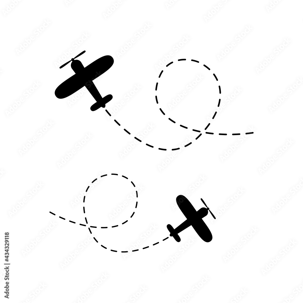 Airplane line path icon set. Vector illustration of air plane flight ...