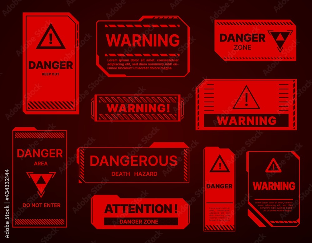 Fototapeta HUD danger zone, warning and alert attention red signs ...