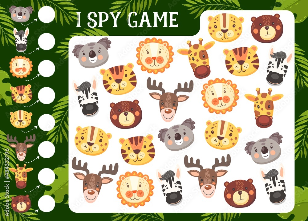 Kids I spy game with cartoon funny animals characters. Vector ...