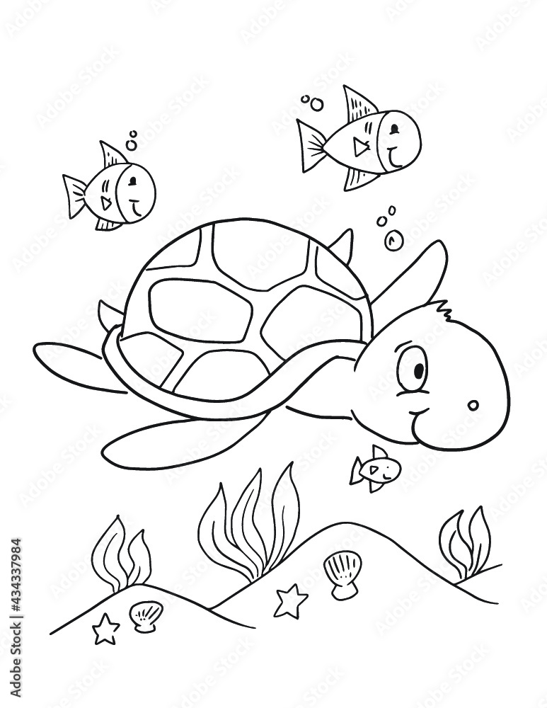 Summer Sea Turtle Coloring Book Page Vector Illustration Art เวกเตอร์ ...