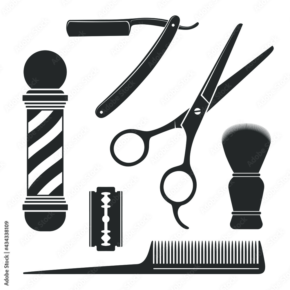 Barbershop symbols. Barber tools graphic icon set. Scissors, straight ...