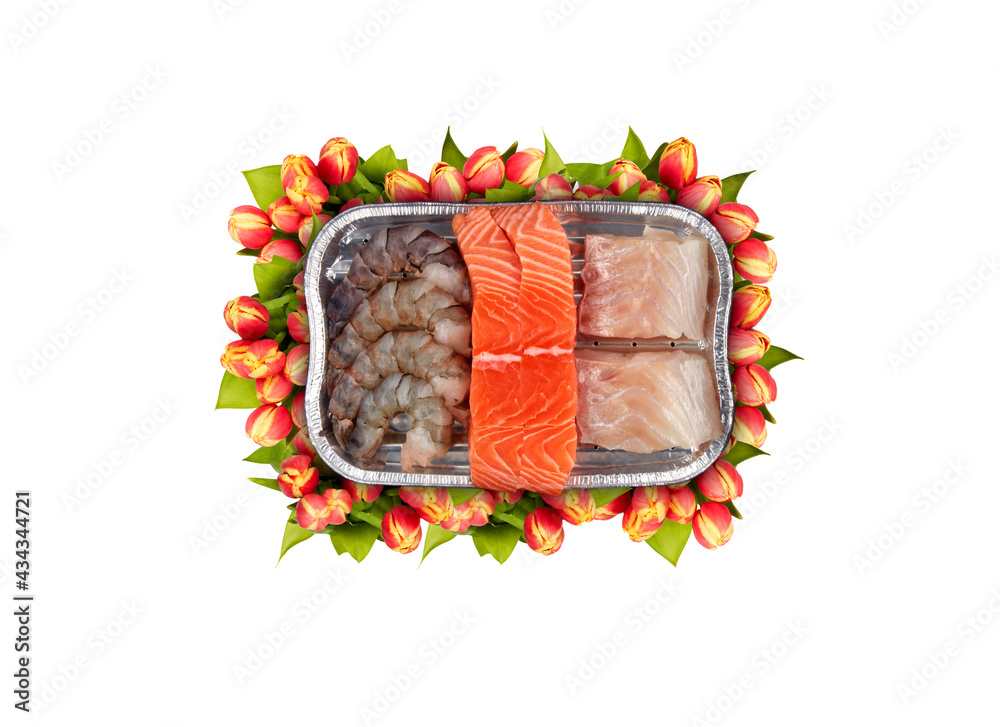 Raw salmon, raw shrimp, raw dolly fish and sashimi Japanese placed top ...