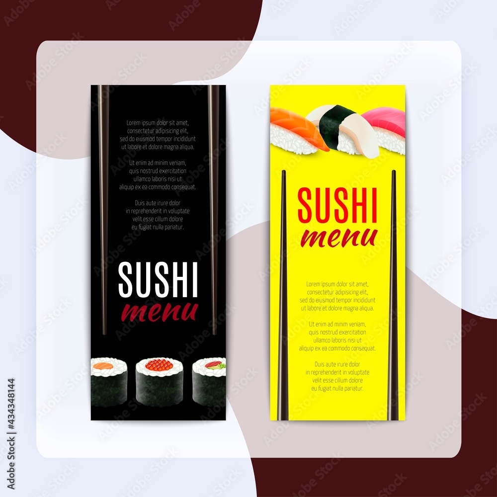 Sushi menu banners vertical with japanese rice and fish cuisine rolls ...