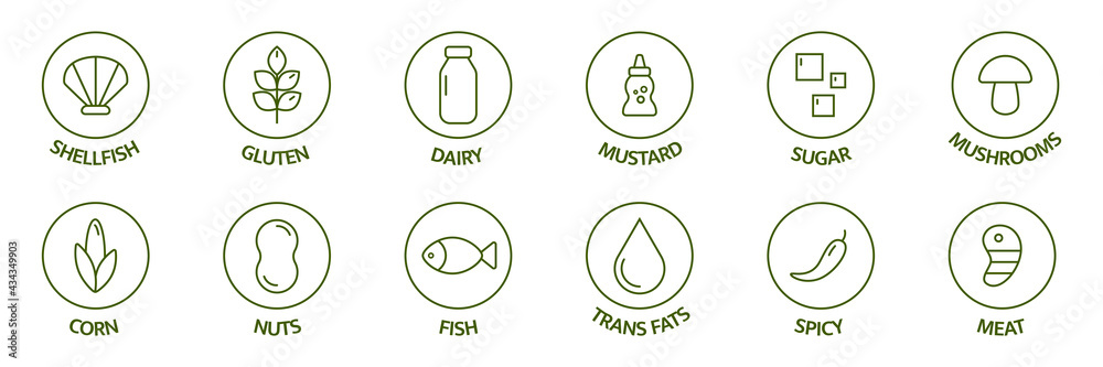 Allergen line icon set. Soybean nut celery, corn, milk, honey spicy ...