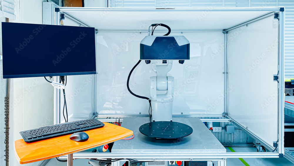 Inspection part dimension by 3D scan measuring machine. Stock Photo ...