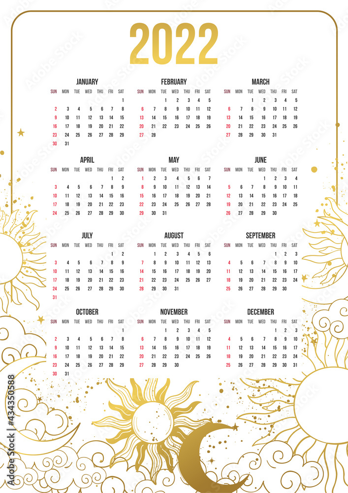 Calendar for 2022 with astrological boho design, golden sun, moon and ...