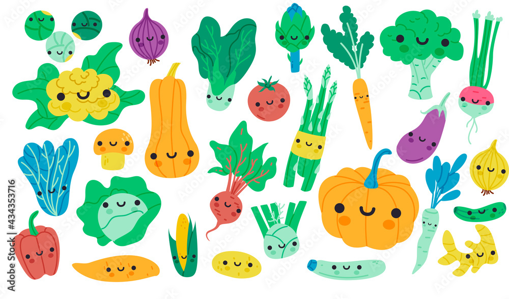 Kawaii vegetables elements collection . Cute harvest characters with ...