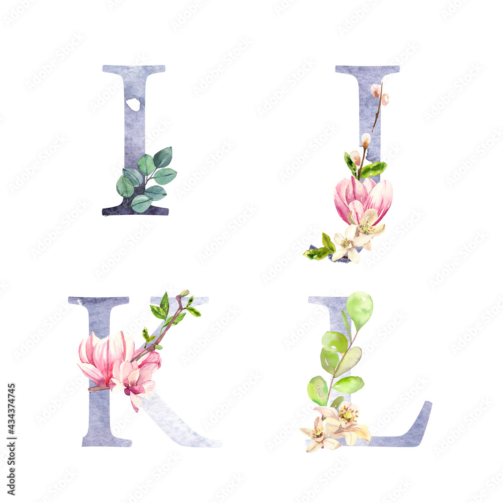 Hand painted watercolor floral alphabet, letters with flowers and leaf ...