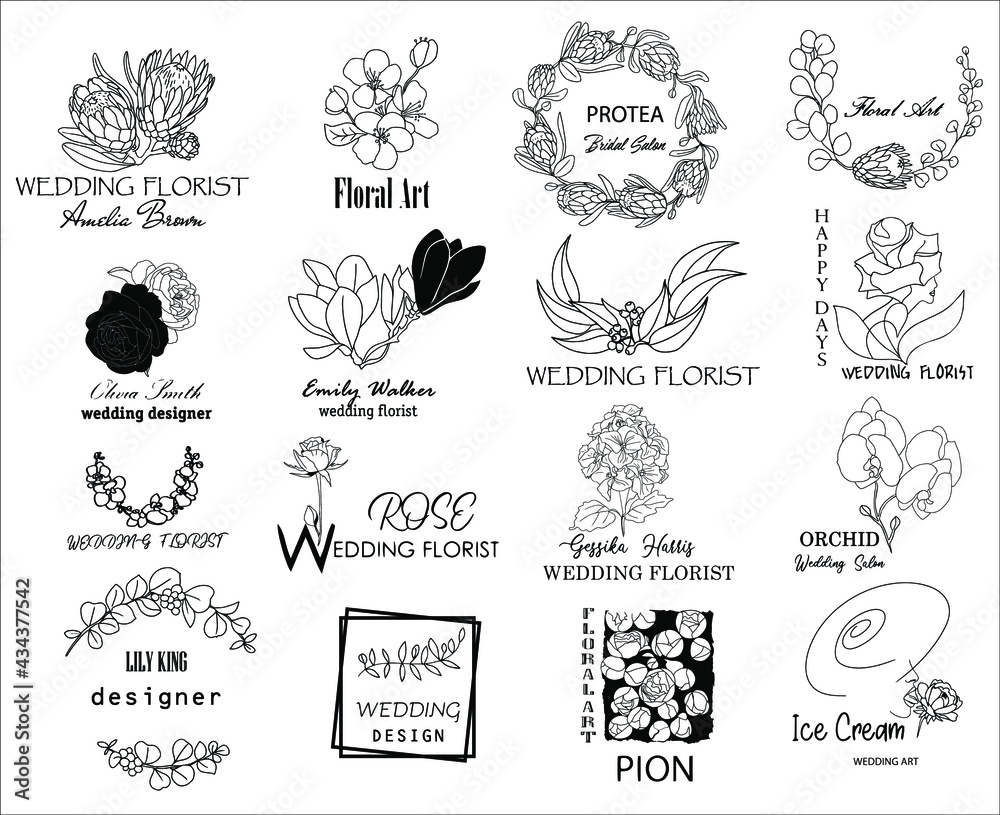 Set.16 abstract drawings hand drawing, wedding florist, concise logo ...